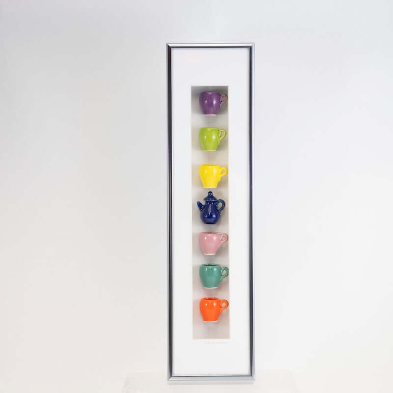 4x16 Vertical Shadowbox with Navy Teapot and Multicolor Mugs in a ...