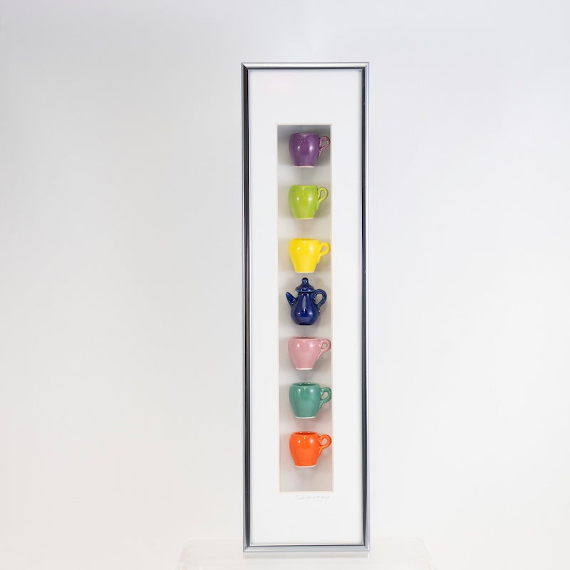 4x16 Vertical Shadowbox with Navy Teapot and Multicolor Mugs in a Silv ...