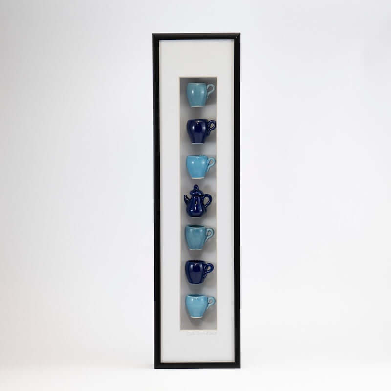 4x16 Vertical Shadowbox with a Blue Teapot and Blue Mugs in a Black ...